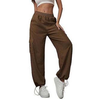 Generic Pantalon de surv&ecirc;tement cargo ample taille haute pour femme, pantalon de jogging Y2K, tendance, d&eacute;contract&eacute;, automne avec poches, caf&eacute;, XXL