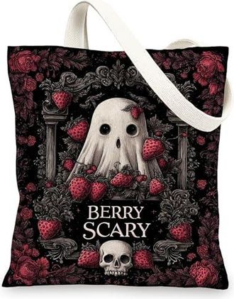 Generic Sacs fourre-tout gothiques en toile, motif fraise artistique, sacs dépicerie réutilisables, légers et lavables à bandoulière pour Sh, noir, 13x15 Inch