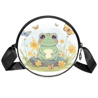 Generic Sac &agrave; bandouli&egrave;re rond pour femme, motif grenouilles aquarelles, petit sac &agrave; bandouli&egrave;re avec fermeture &eacute;clair, bretelles r&eacute;glables, sac &agrave; main rond d