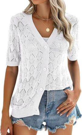 Generic Cardigan dété à Manches Courtes pour Femme, Court et ajouré, en Crochet, col en V, boutonné, boléro, Pull décontracté