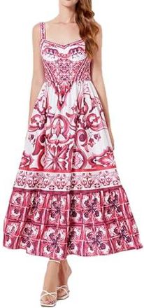 Generic Robe longue imprimée pour femme avec col en V, dos nu, bretelles spaghetti, Rouge, S