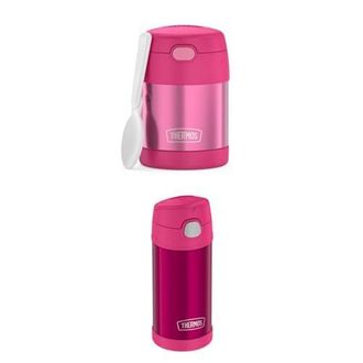 Thermos kids FUNTAINER FOOD JAR 0,30l, pink, Thermobeh&auml;lter Essen inkl. L&ouml;ffel, 5 h hei&szlig; / 7 h kalt kids FUNTAINER STRAW BOTTLE 0,35l, pink, Kinder Thermosfla