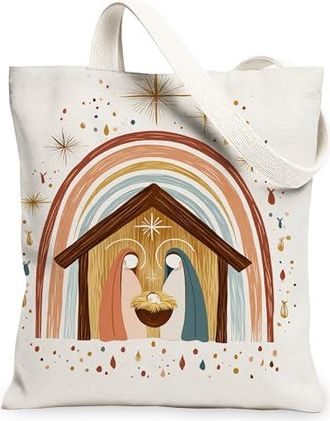 Generic Sacs fourre-tout en toile motif cr&egrave;che de No&euml;l vintage, style boh&egrave;me, r&eacute;utilisables, l&eacute;gers et lavables, blanc, 13x15 Inch