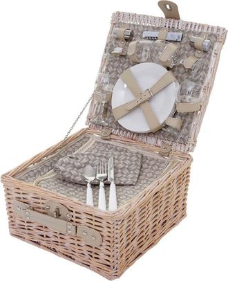 Hhg Panier de pique-nique, set pour 4 personnes, sac + compartiment frigorifique, beige