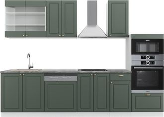 Vicco Küchenzeile Fame-Line, Grün-Gold Landhaus/Weiß/Weiß, 300 cm mit Hochschrank, ohne Arbeitsplatte