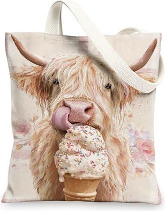 Generic Sacs fourre-tout en toile de vache mignonne, motif animal adorable, sacs dépicerie réutilisables, légers et lavables, sacs en toile pour salle de spor