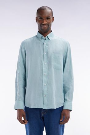 Eden Park Chemise En Lin Vert Deau Unie Coupe Droite