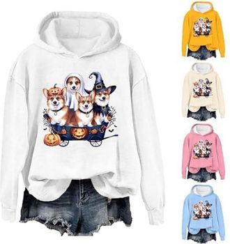 Generic Sweats à capuche dHalloween pour femmes, fantôme amusant, grande taille, costumes dHalloween, chemise citrouille, corgi, imprimé animal, hauts tendanc