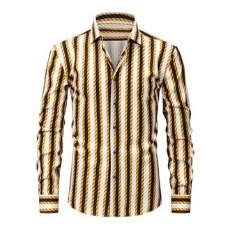 Generic Chemises pour homme adulte &agrave; manches longues contrast&eacute;es ray&eacute;es - Sans repassage - Sans plis - Chemise d&eacute;contract&eacute;e pour printemps et automne - Col ra