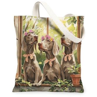 Generic Sac fourre-tout en toile motif chien Braque de Weimar printaner 33 x 38,1 cm, sac r&eacute;utilisable &agrave; motif imprim&eacute; de plantes en pot pour femme, sac d&eacute;pic