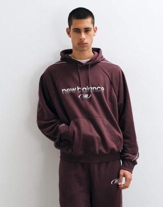 New Balance sweat &agrave; capuche Trackside en molleton fran&ccedil;ais, cherry leather-Marron