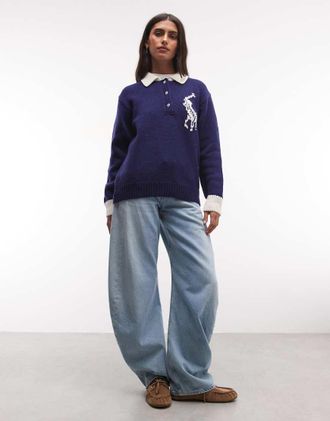 Polo Ralph Lauren pull rugby en maille grand poney bleu marine