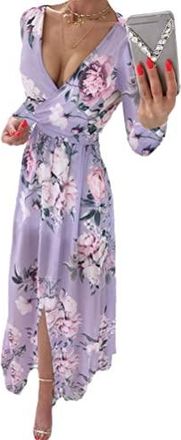 Onsoyours Robe Femme Lat&eacute;rale Robe de Soir&eacute;e Plage Robe Fleurie &Agrave; Manches Longues et Epaules D&eacute;nud&eacute;es Chic Florale Robe de Plage A Violet S