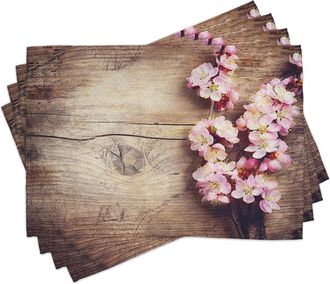 Abakuhaus Blumen Platzmatten, Frühlings-Blüte auf Holztisch-romantischem natürlichem Bauernhaus-Landschafts-Art-Druck, Tiscjdeco aus Farbfesten Stoff für das Es