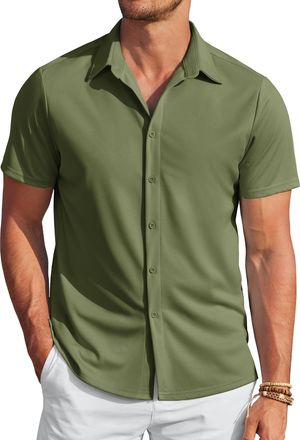 Coofandy Herren Hemd Kurzarm Casual Sommerhemden Button Down Freizeithemden f&uuml;r M&auml;nner Strand Shirt B&uuml;gelfrei Einfarbig Armeegr&uuml;n XXL