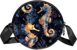Generic Petit sac &agrave; bandouli&egrave;re rond pour femme, motif hippocampe, sac &agrave; dos &agrave; bandouli&egrave;re r&eacute;glable avec fermeture &eacute;clair, sac &agrave; main rond d&eacute;contract&eacute; pour fe