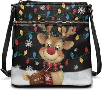 Coloranimal Sac &agrave; bandouli&egrave;re en cuir pour femme avec fermeture &eacute;clair, sac &agrave; main tendance et l&eacute;ger avec plusieurs poches, Jolie lumi&egrave;re de No&euml;l en forme d&eacute;lan