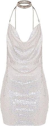 Generic Robes pour Femmes Partie Sexy &agrave; la Mode Mini-Robe Sexy Robe &agrave; Licou &agrave; Sequins Sexy Jupe Fendue 2 Cotes (Silver, S)
