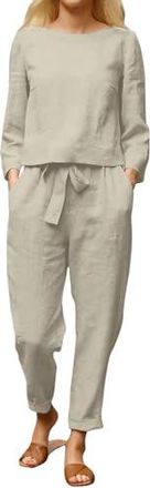 Generic Co Ord Ensembles pour femmes V&ecirc;tements de couleur unie Haut pliss&eacute; &agrave; manches longues et pantalon ample &agrave; jambe large Costume d&eacute;contract&eacute; Ensemble de s