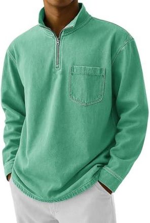 Generic Polo &agrave; manches longues en coton d&eacute;lav&eacute; &agrave; fermeture &eacute;clair 1/4 pour homme, col montant, mode d&eacute;contract&eacute;e, v&ecirc;tements d&eacute;t&eacute; pour le printemps, vert menth