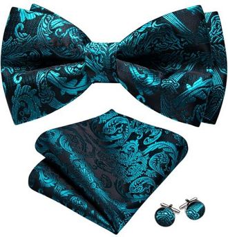 Barry.Wang Ensemble noeud papillon pré-noué en soie pour homme avec carré de poche et boutons de manchette pour mariages et événements formels, Sarcelle/fleur, t