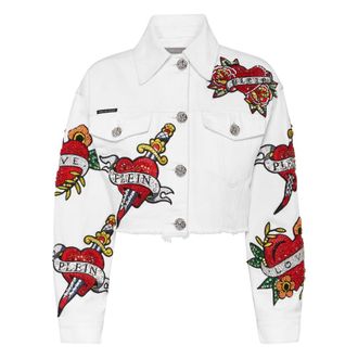 Philipp Plein Femme, Vestes, Blanc, Taille: 40 FR Veste en jean courte Love Crystals