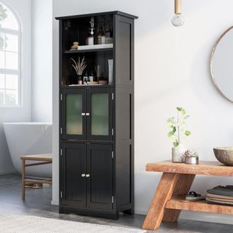 Costway Meuble de Salle de Bain &agrave; 4 Portes 2 Compartiments Ouverts, Colonne Salle de Bain Armoire Haute avec &Eacute;tag&egrave;res R&eacute;glables pour Salon, Cuisine, 30 x 60
