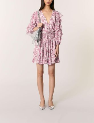 Maje Bedrucktes Kleid Mit Volants - Imprime Paris Rose - Gr&ouml;&szlig;e 38 - Maje
