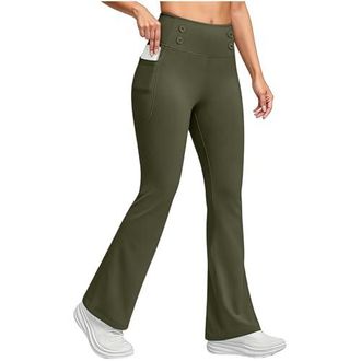 Generic Legging évasé pour femme avec doublure en polaire - Legging chaud taille haute - Contrôle du ventre - Pantalon thermique évasé avec poches, vert milit