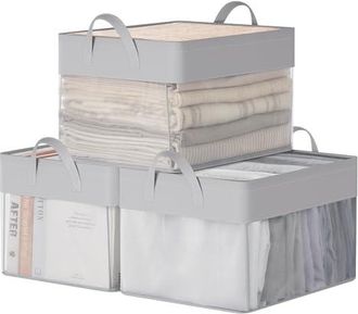 Songmics Bo&icirc;tes de Rangement, Lot de 3, Panier de Rangement, Taille Moyenne, en Tissu, Pliable, Filet de Nylon Transparent, 40 x 30 x 25 cm, Poign&eacute;es, pour Cha