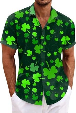 Generic Chemise de la St Patrick pour homme, t-shirt hawa&iuml;en irlandais avec tr&egrave;fle porte-bonheur, chemisier &agrave; boutons &agrave; manches courtes, haut ample d&eacute;contract