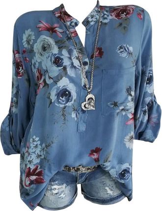 Minetom Damen Vintage Bohemian Blusen Boho Tunika Hippie Blumen Bluse Elegante Oberteile Tops Langarm Shirt 001 Blau 50