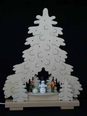 Rudolphs Schatzkiste Schwibbogen mit Tanne mit Winterkinder Schneemann und Beleuchtung BxHxT 44x51x7cm NEU Lichterbogen Fensterbogen Spitzbogen Erzgebirge Seiffen Weihnach