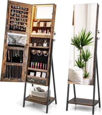 Costway Armoire &agrave; Bijoux led, Armoire de Rangement sur Pieds Verrouillable, Miroir Pleine Longueur hd, Lumi&egrave;res 3 Couleurs, Miroir Int&eacute;rieur, pour Boucle