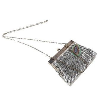BESTONZON Pochette de Soirée Perlée pour Femme Paquet Bandoulière Vintage Motif Paon en Perles et Sequins Argenté Pochette de Mariage et Banquet Accessoire Rétr