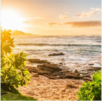 Wallario Glasbild Strand im Morgenlicht - 50 x 50 cm Wandbilder Glas in Premium-Qualit&auml;t: Brillante Farben, freischwebende Optik