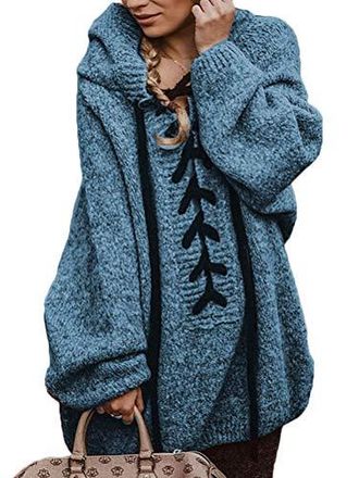 Minetom Pull Femme Oversize Pullover &Agrave; Capuche Col Rond Sweater Tricot&eacute; Sweat Chaud Manche Longue Sweatshirt Tunique R&eacute;tro Hauts &Agrave; Capuche Pulls Jumper Bleu L