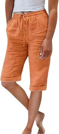 Generic Short en lin pour femme, short longueur genou pour femme, bas en coton et lin, taille &eacute;lastique, cordon de serrage, pantalon court d&eacute;contract&eacute; l&eacute;ger a