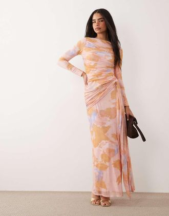 Asos Lang&auml;rmliges Maxikleid aus Netzstoff in Orange gebl&uuml;mt