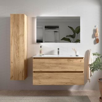 Cygnus Bath Meuble salle de bain - 100 cm - avec plan vasque - Effet ch&ecirc;ne brut - a suspendre - karaib