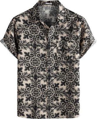 PARKLEES Chemise en coton et lin pour homme, motif vintage années 70, style ancien, chemise décontractée à manches courtes boutonnée rétro, Black Rence, 3XL