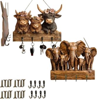Generic Rustic Highland Cow Wooden Family Key Holder, Three Adorable Cows Keys Decorative Rack, Farmhouse Wall Mount Bullhead Animal Key Hooks with 4 Metal Ho