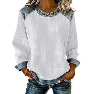 Generic Sweat-shirts pour femme sans capuche vintage en tricot gaufr&eacute; denim patchwork sweatshirts surdimensionn&eacute;s &agrave; col rond pulls de couleurs blocs de couleu