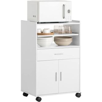 SoBuy Desserte Micro-ondes à Roulettes, Tablette Coulissante, 1 Tiroir, 2 Portes, Meuble de Rangement Cuisine Polyvalent, Blanc, L59×P40×H92 cm - SoBuy