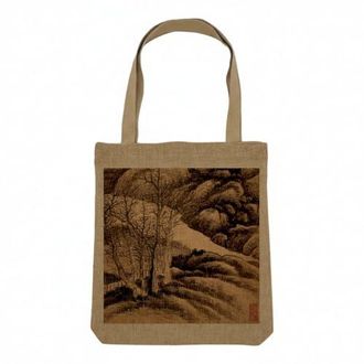 Fabulous Sac Shopping Tote Bag Aspect Lin - Estampe Japonaise/D&eacute;tail Village dans la Montagne/Art D&eacute;licat Original Vintage - Sac de Courses Toile Epaisse 360g 