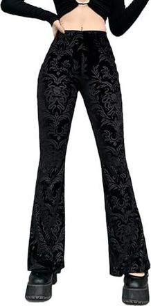 Feoya Pantalon Évasé en Velours Femme Legging Gothique Taille Haute Pantalon Bootcut Stretch Legging Long Punk Noir S Pantalon Moulant Skinny Chic Halloween