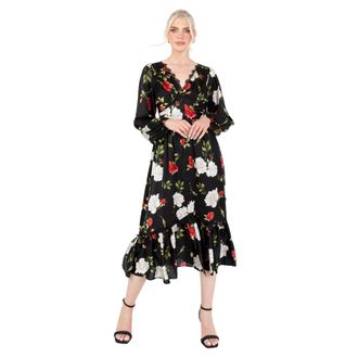 Lovedrobe Womens Midaxi Dress Ladies V Neck Long Sleeve Floral Ruffle Frilly Lace Trim Empire A-line Open Back for Wedding Guest, Schwarz, 46