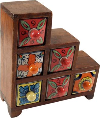 Guru Shop Apothekerschränkchen mit Bunten Keramik Schubfächern, Gewürzkiste - 3,2,1 Fächer, 30x30x10 cm