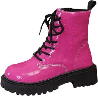 Generic Bottines &agrave; Lacets Femme Cuir Verni Bout Rond Bottes Courte Chic et Elegant Semelle Chunky Plateforme Antid&eacute;rapante Femme Chaussures Tendances D&eacute;contra