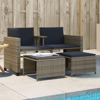 vidaXL Gartensofa 2-Sitzer mit Tisch und Hockern Grau Poly Rattan - Vidaxl